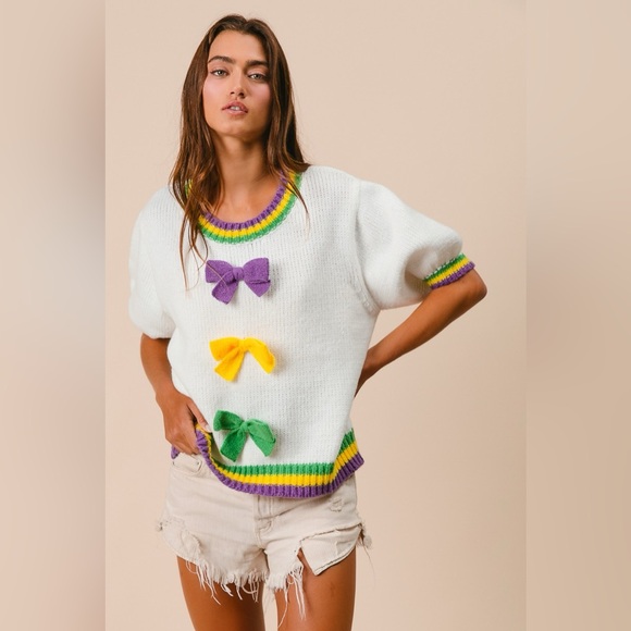 BiBi | Sweaters | Bibi Short Puff Sleeve Ribbon Bow Mardi Gras Sweater ...